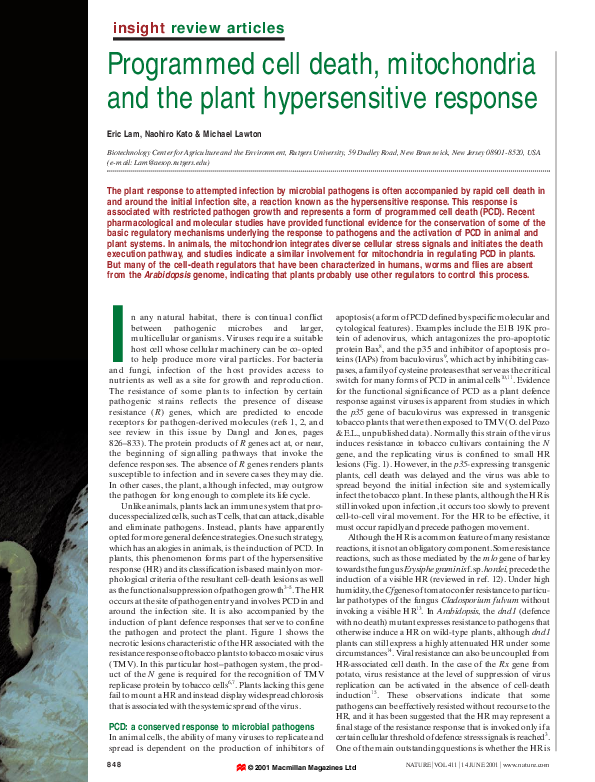 (PDF) Programmed cell death, mitochondria and the plant hypersensitive ...