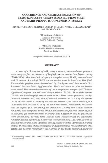 Pdf Occurrence And Characterization Of Staphylococcus Aureus Isolated From Meat And Dairy