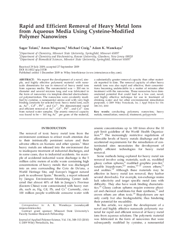 (PDF) Rapid and efficient removal of heavy metal ions from aqueous media using cysteine-modified ...