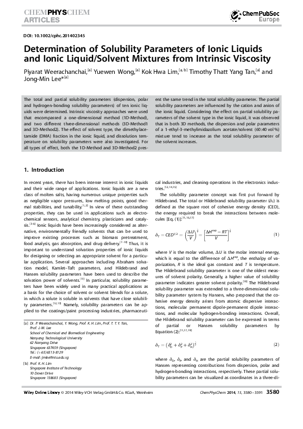 Determination of Solubility Parameters of Ionic Liquids and Ionic Liquid/Solvent Mixtures from ...