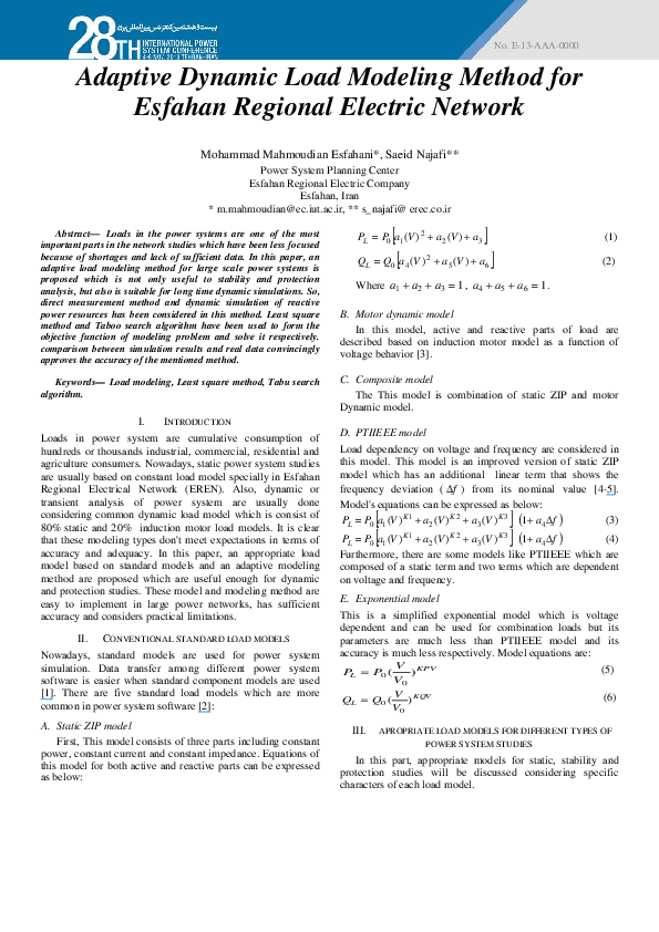 (PDF) Adaptive Dynamic Load Modeling Method for Esfahan Regional ...