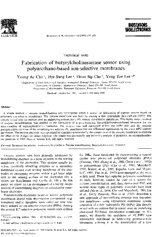 Pdf Fabrication Of Butyrylcholinesterase Sensor Using Polyurethane Based Ion Selective Membranes