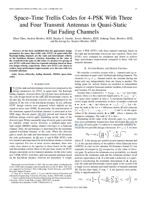 Pdf Space Time Trellis Codes For 4 Psk With Three And Four Transmit Antennas In Quasi Static
