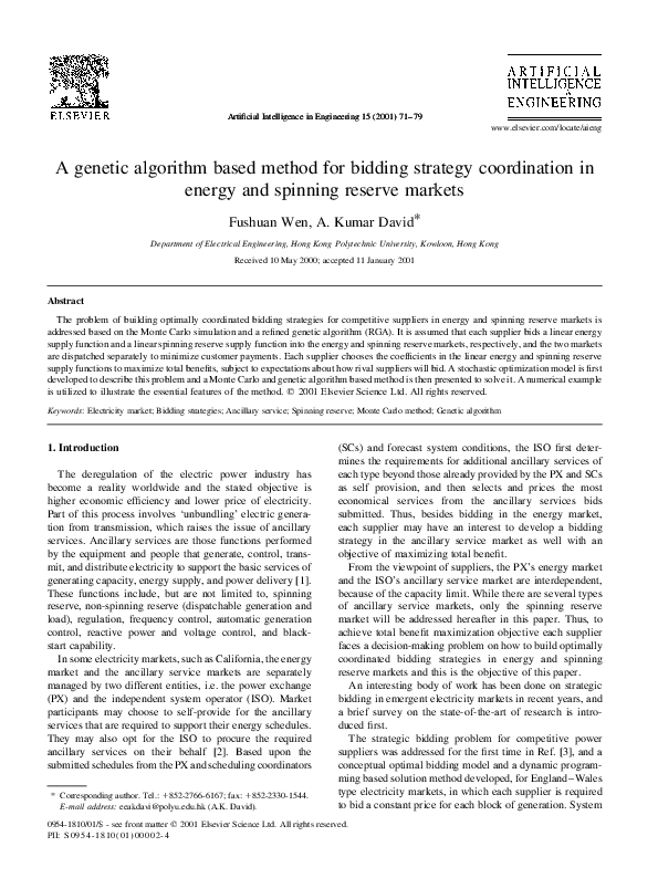 (PDF) A genetic algorithm based method for bidding strategy coordination in energy and spinning ...