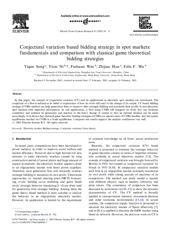 (PDF) Conjectural variation based bidding strategy in spot markets ...