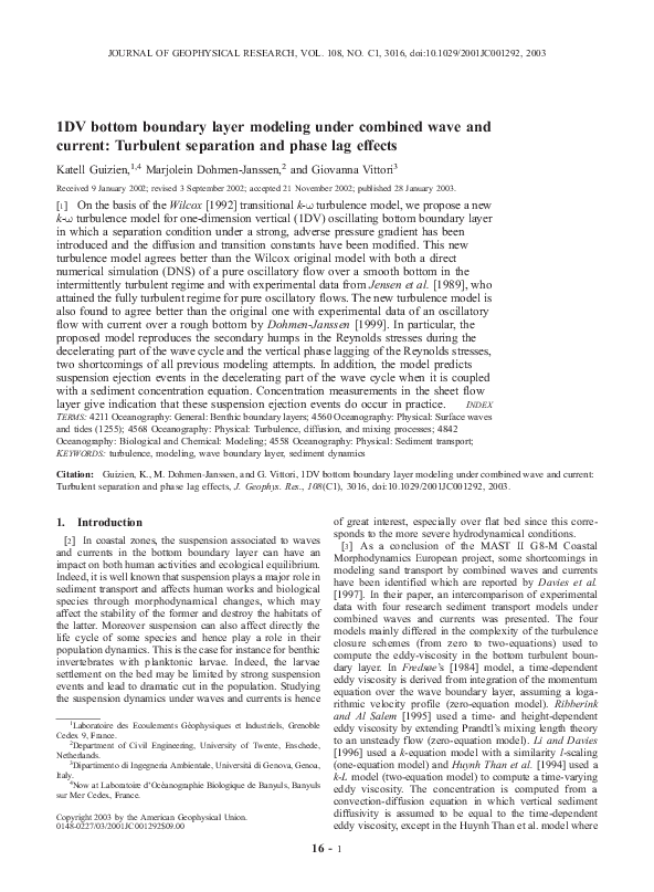 Pdf 1dv Bottom Boundary Layer Modeling Under Combined Wave And Current Turbulent Separation