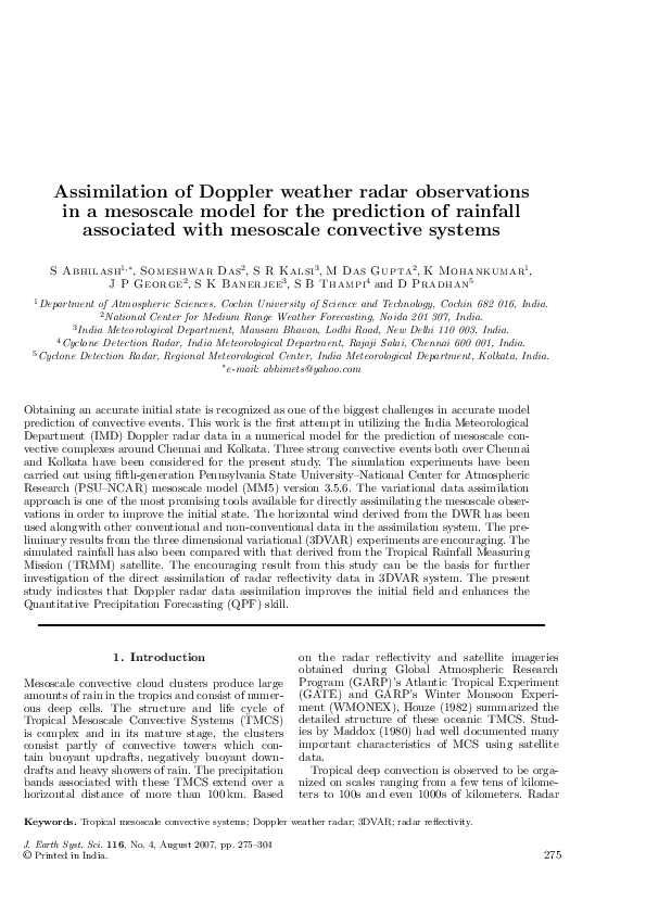 Pdf Assimilation Of Doppler Weather Radar Observations In A Mesoscale Model For The Prediction