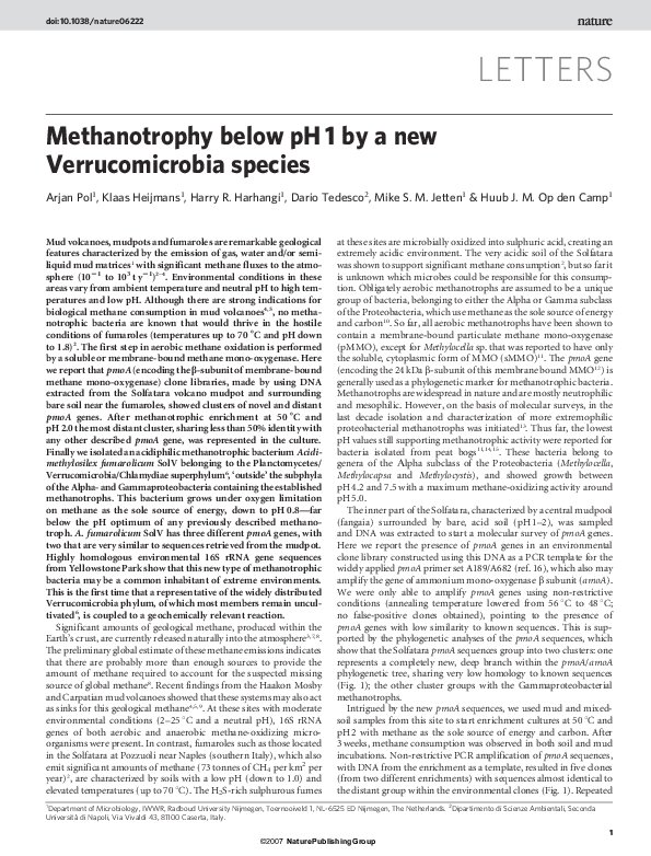 (PDF) Methanotrophy below pH1 by a new Verrucomicrobia species