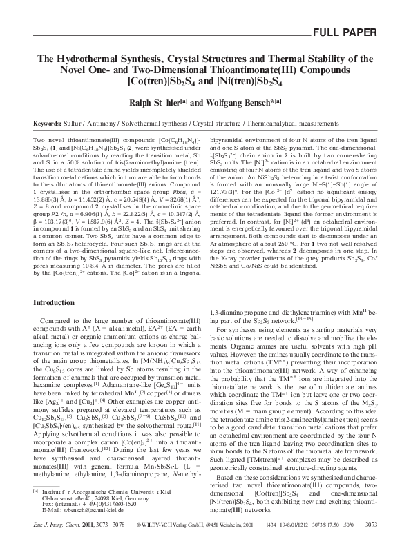 (PDF) The Hydrothermal Synthesis, Crystal Structures and Thermal Stability of the Novel One and ...