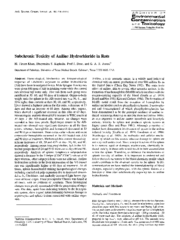 (PDF) Subchronic toxicity of aniline hydrochloride in rats