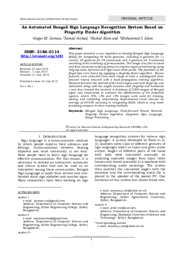 Pdf An Automated Bengali Sign Language Recognition System Based On Fingertip Finder Algorithm