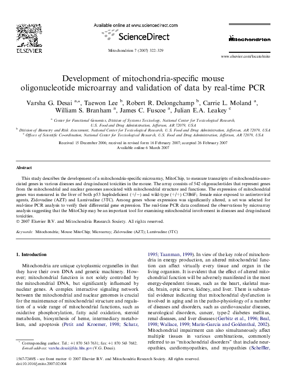 (PDF) Development of mitochondria-specific mouse oligonucleotide microarray and validation of ...
