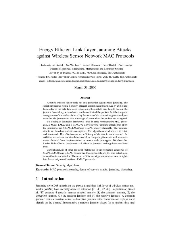 (PDF) Energy-Efficient Link-Layer Jamming Attacks against Three Wireless Sensor Network MAC ...