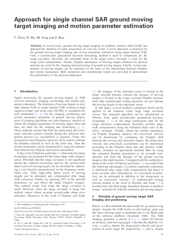(PDF) Approach for single channel SAR ground moving target imaging and motion parameter estimation