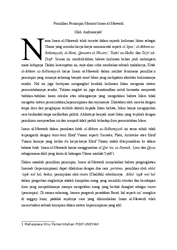 (DOC) Pemilihan Pemimpin Menurut Imam al-Mawardi