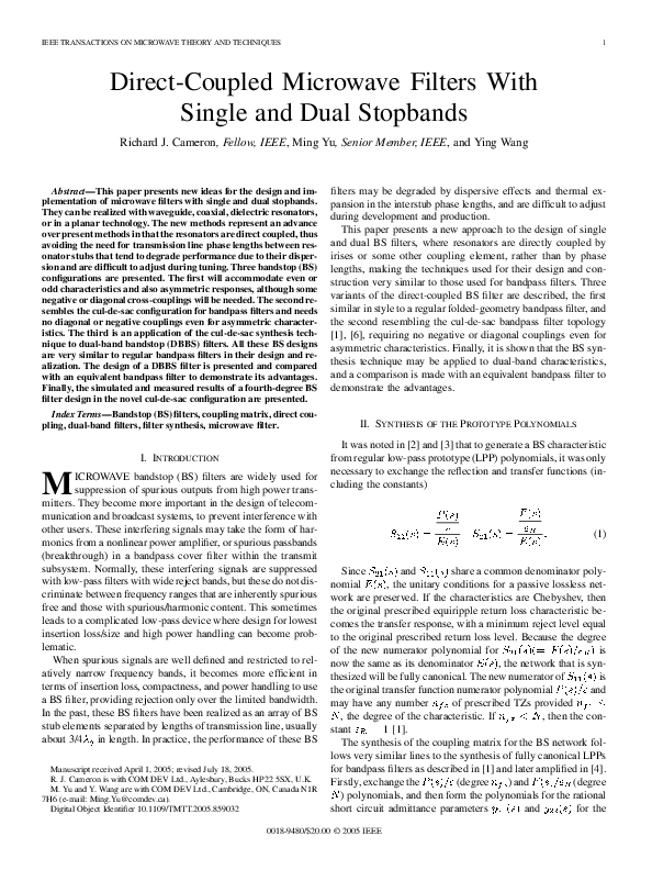 Pdf Direct Coupled Microwave Filters With Single And Dual Stopbands