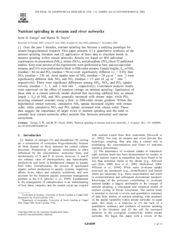 Pdf Nutrient Spiraling In Streams And River Networks