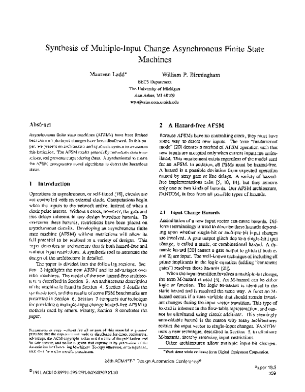 (PDF) Synthesis of Multiple-Input Change Asynchronous Machines Using Controlled Excitation and ...
