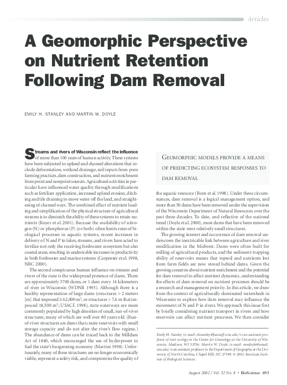 (PDF) A Geomorphic Perspective on Nutrient Retention Following Dam Removal