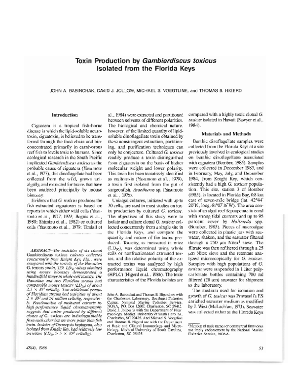 (PDF) Toxin Production by Gambierdiscus toxicus Isolated from the ...