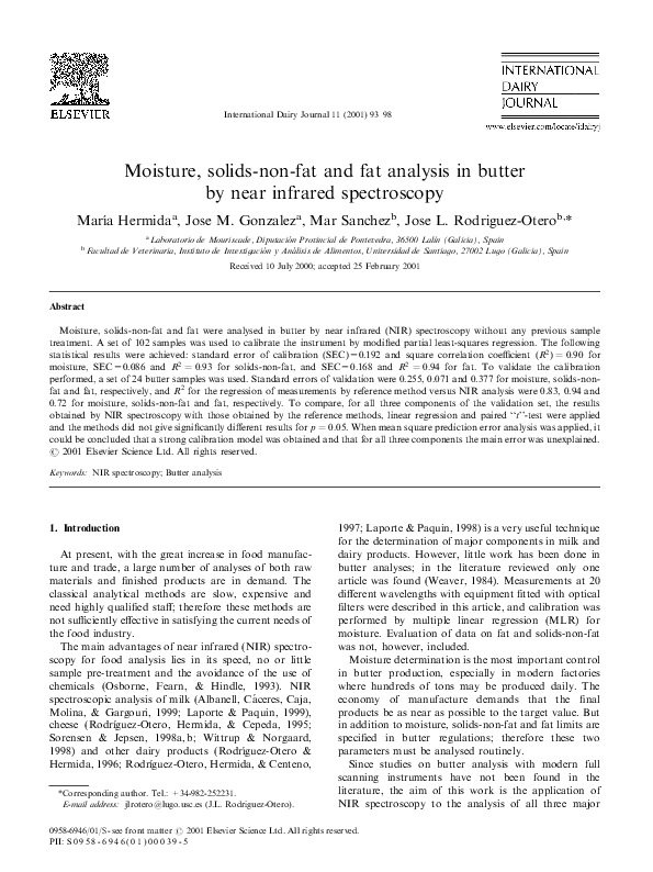(PDF) Moisture, solids-non-fat and fat analysis in butter by near infrared spectroscopy