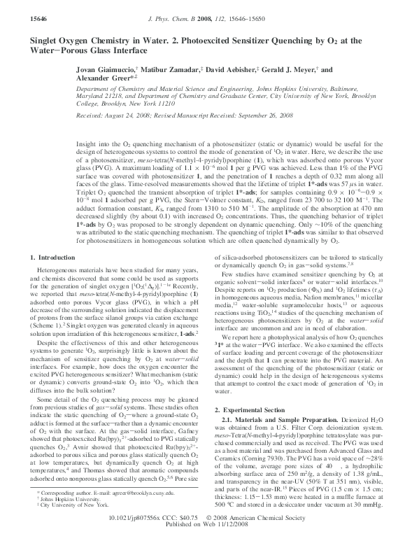 (PDF) Singlet Oxygen Chemistry in Water. 2. Photoexcited Sensitizer ...