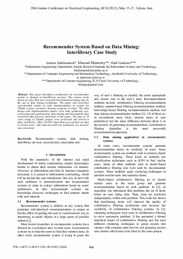 (PDF) Recommender system based on data mining: Interlibrary case study