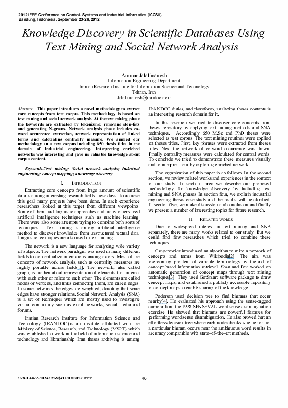 (PDF) Knowledge discovery in scientific databases using text mining and social network analysis
