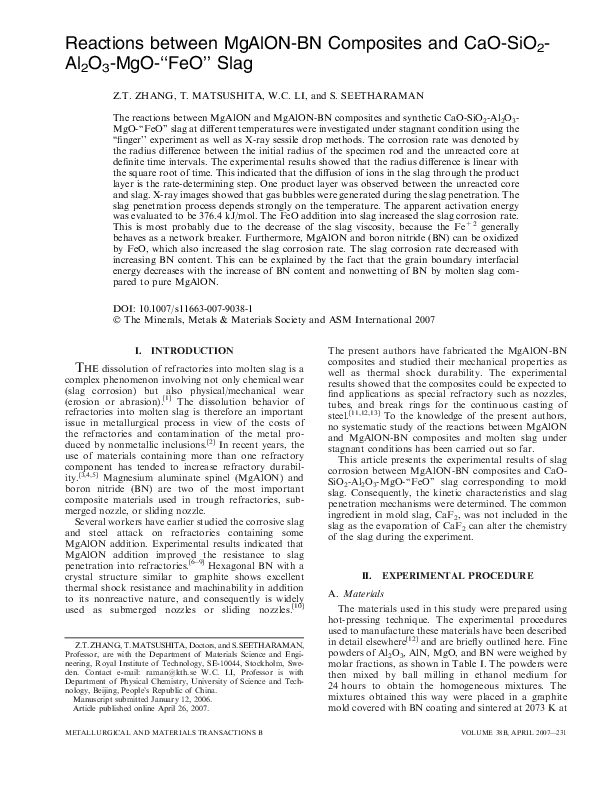 (PDF) Reactions between MgAlON-BN Composites and CaO-SiO2-Al2O3-MgO ...