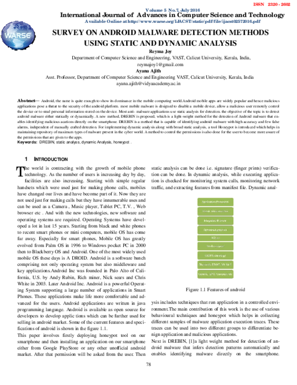 Pdf Survey On Android Malware Detection Methods Using Static And Dynamic Analysis