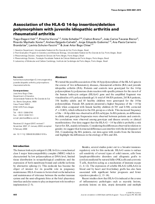 (PDF) Association of the HLA-G 14-bp insertion/deletion polymorphism with juvenile idiopathic ...