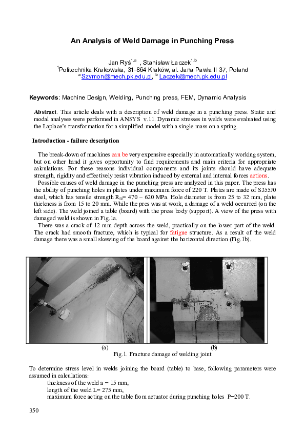 (PDF) An Analysis of Weld Damage in Punching Press | Stanisław Łaczek ...