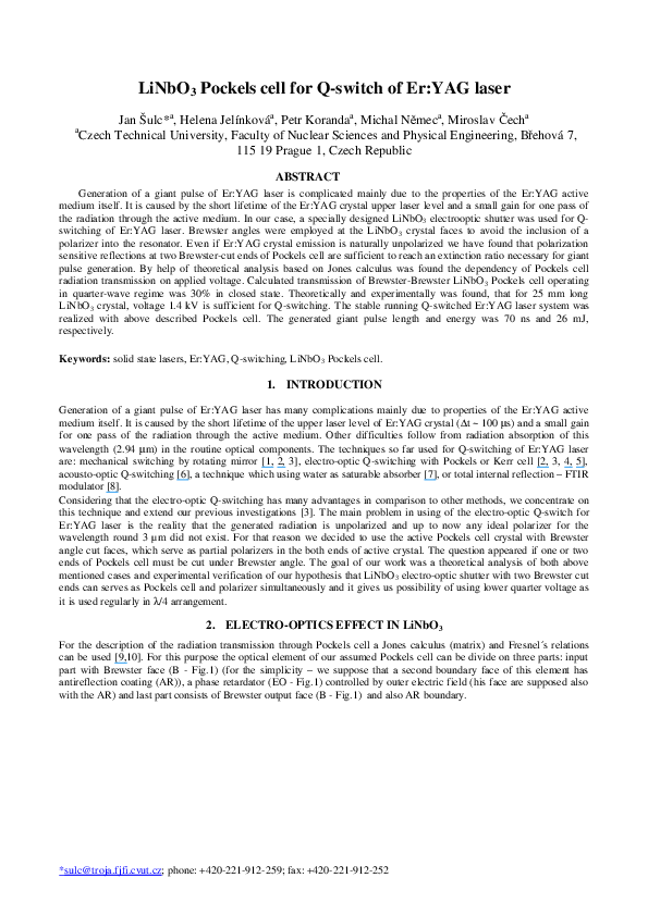 (PDF) LiNbO3 Pockels cell for Q-switch of Er:YAG laser