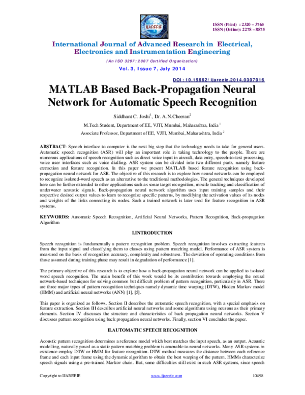 Pdf Matlab Based Back Propagation Neural Network For Automatic Speech Recognition