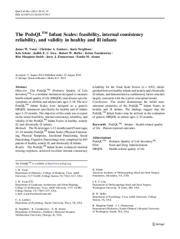 (PDF) The PedsQL™ Infant Scales: feasibility, internal consistency reliability, and validity in ...