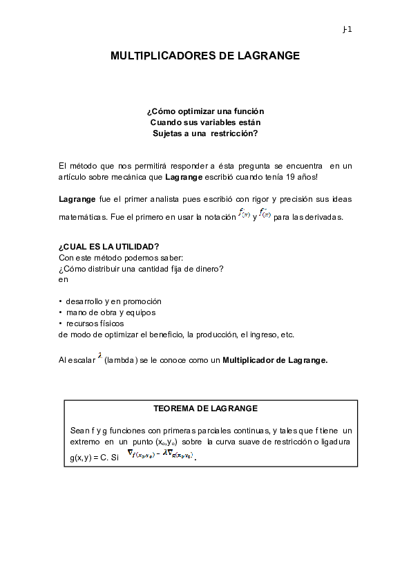 (DOC) MULTIPLICADORES DE LAGRANGE ¿Cómo optimizar una función Cuando sus variables están