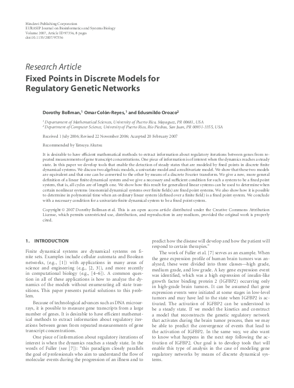 (PDF) Fixed Points in Discrete Models for Regulatory Genetic Networks