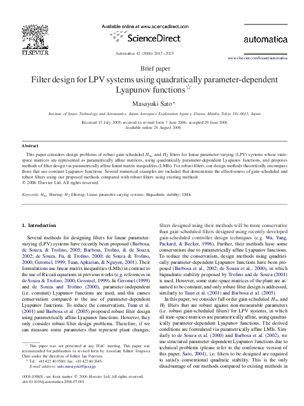 (PDF) Filter design for LPV systems using quadratically parameter-dependent Lyapunov functions