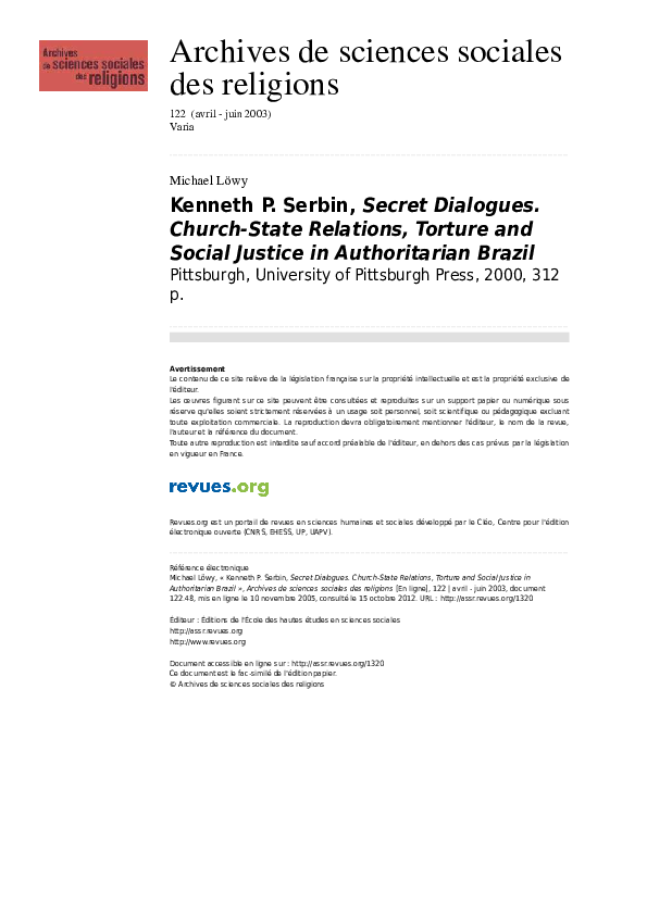 (PDF) Kenneth P. Serbin, Secret Dialogues. Church-State Relations ...