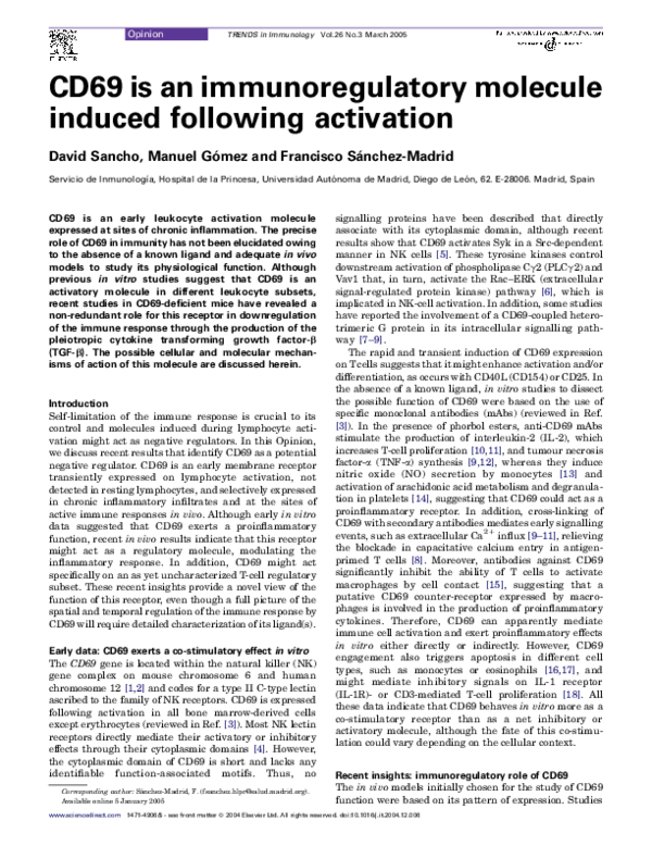 (PDF) CD69 is an immunoregulatory molecule induced following activation