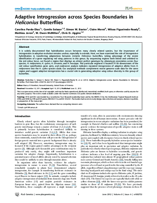 (PDF) Adaptive Introgression across Species Boundaries in Heliconius ...