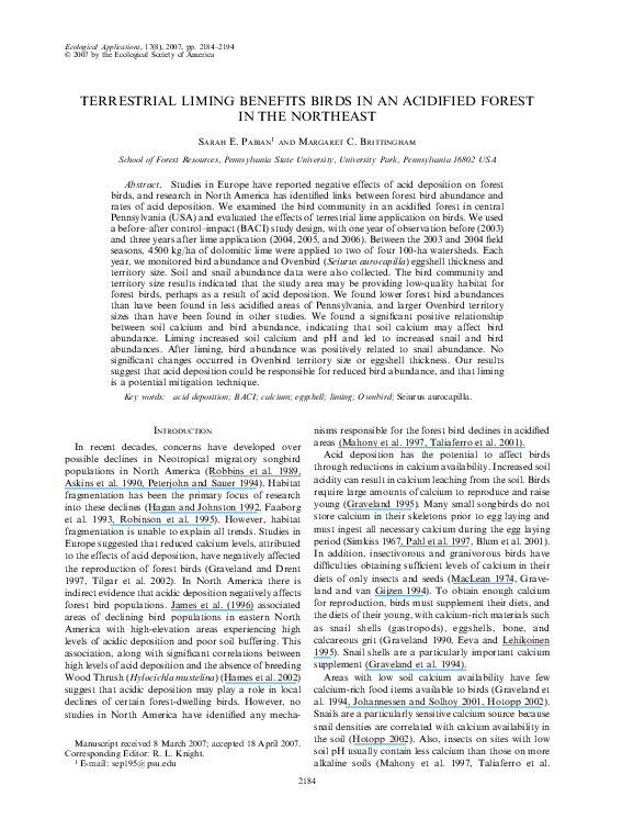 (PDF) Terrestrial Liming Benefits Birds in an Acidified Forest in the ...