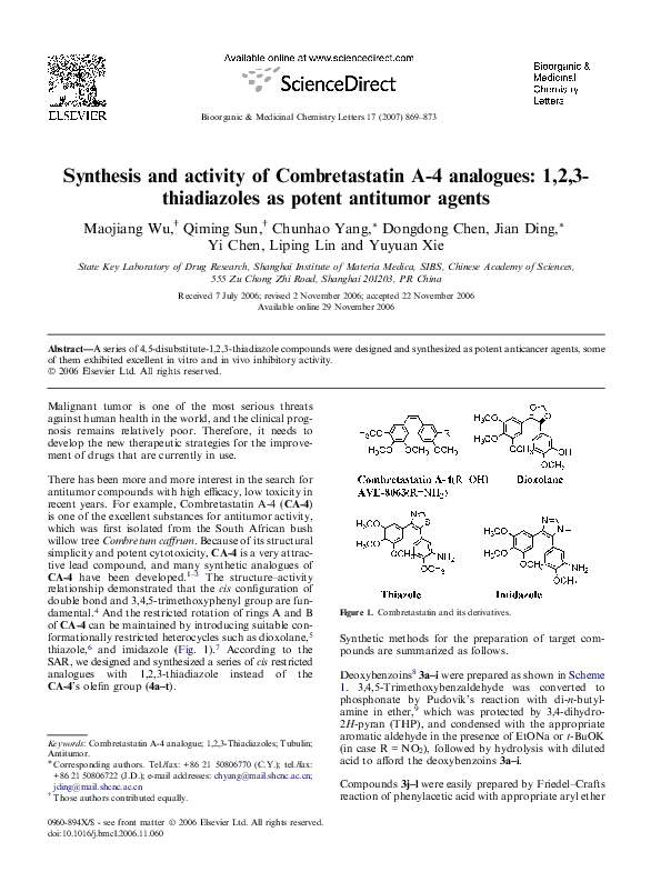 (PDF) Synthesis and activity of Combretastatin A-4 analogues: 1,2,3-thiadiazoles as potent ...