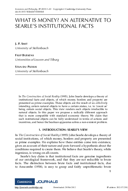 (PDF) WHAT IS MONEY? AN ALTERNATIVE TO SEARLE'S INSTITUTIONAL FACTS