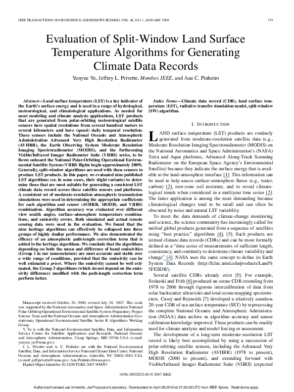 (PDF) Evaluation of Split-Window Land Surface Temperature Algorithms for Generating Climate Data ...