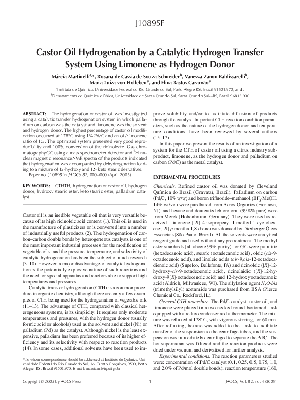 (PDF) Castor oil hydrogenation by a catalytic hydrogen transfer system ...