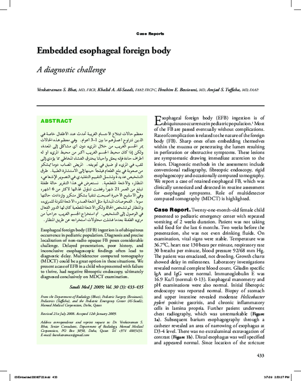 (PDF) Embedded esophageal foreign body. A diagnostic challenge