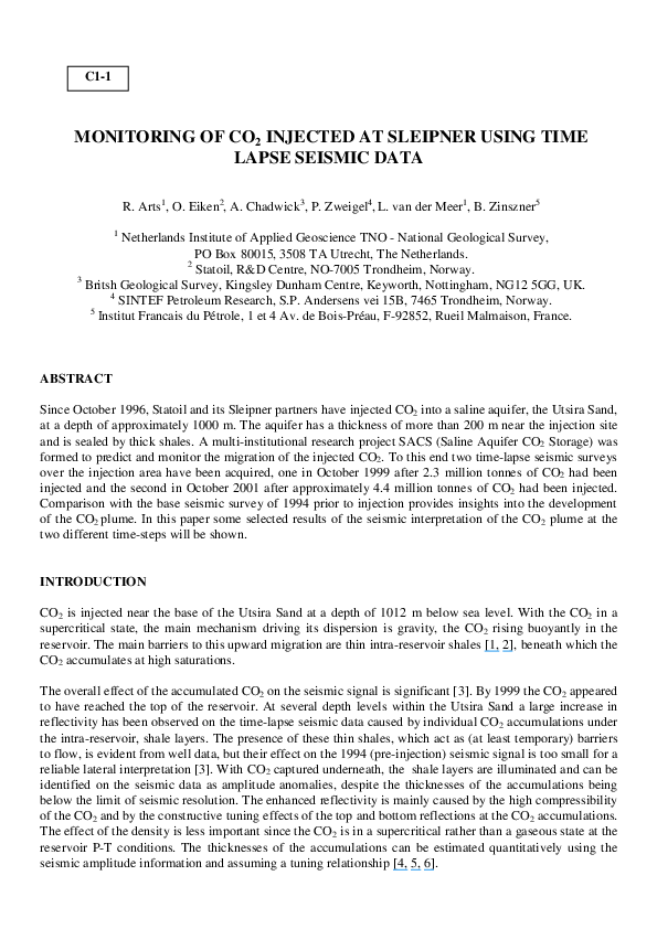 Pdf Monitoring Of Co 2 Injected At Sleipner Using Time Lapse Seismic Data Ola Eiken