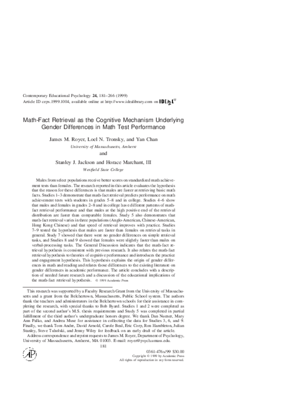 (PDF) Math-Fact Retrieval as the Cognitive Mechanism Underlying Gender ...