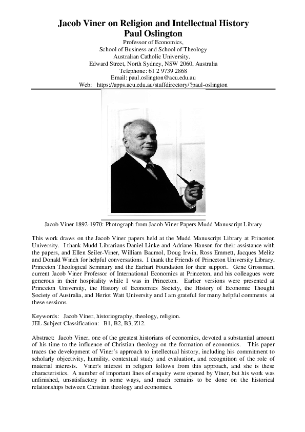(PDF) Jacob Viner on Religion and Intellectual History